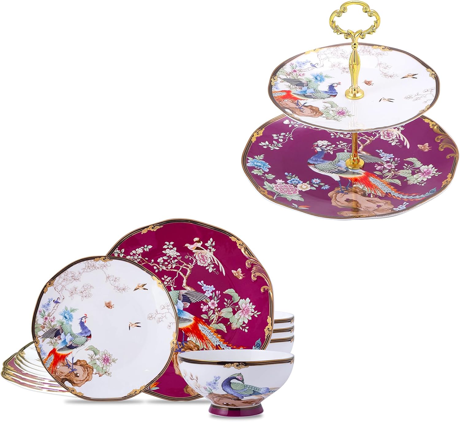 Amazon.com | ACMLIFE Red Bone China Dinnerware Set and 2-Tier Afternoon ...