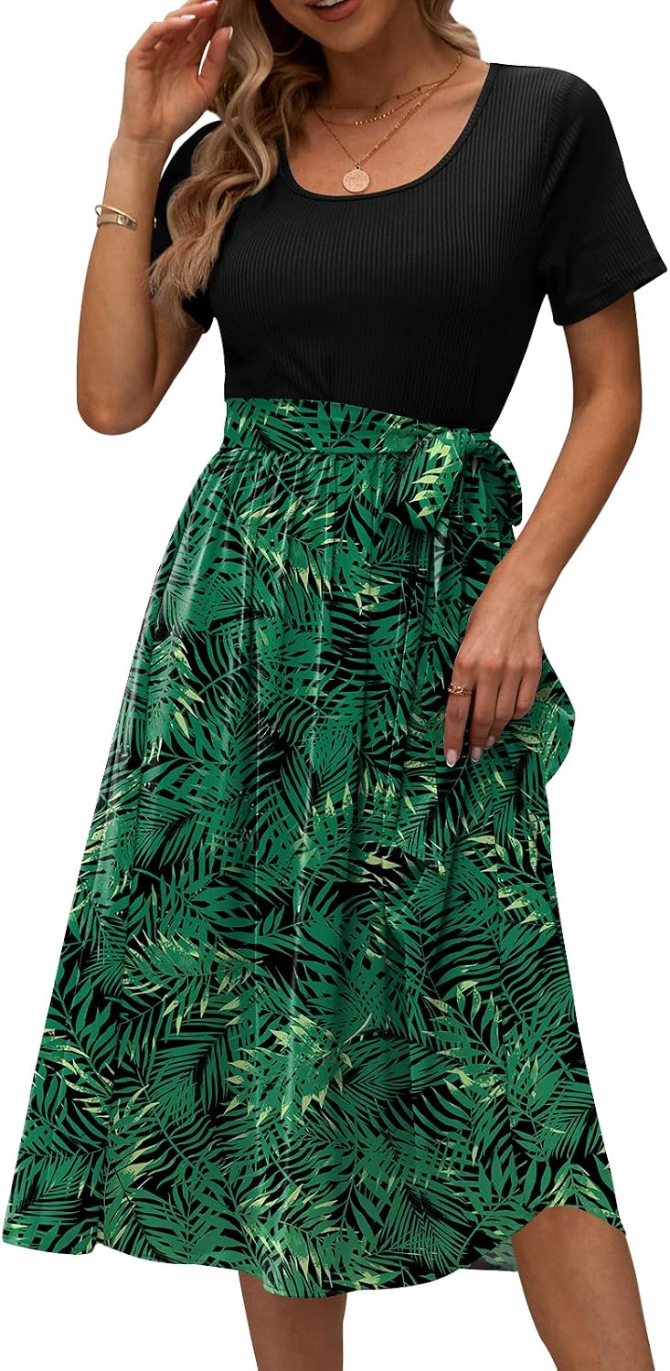 DB MOON Womens Casual Short Sleeve Midi Dress Tie Waist Crewneck Work ...