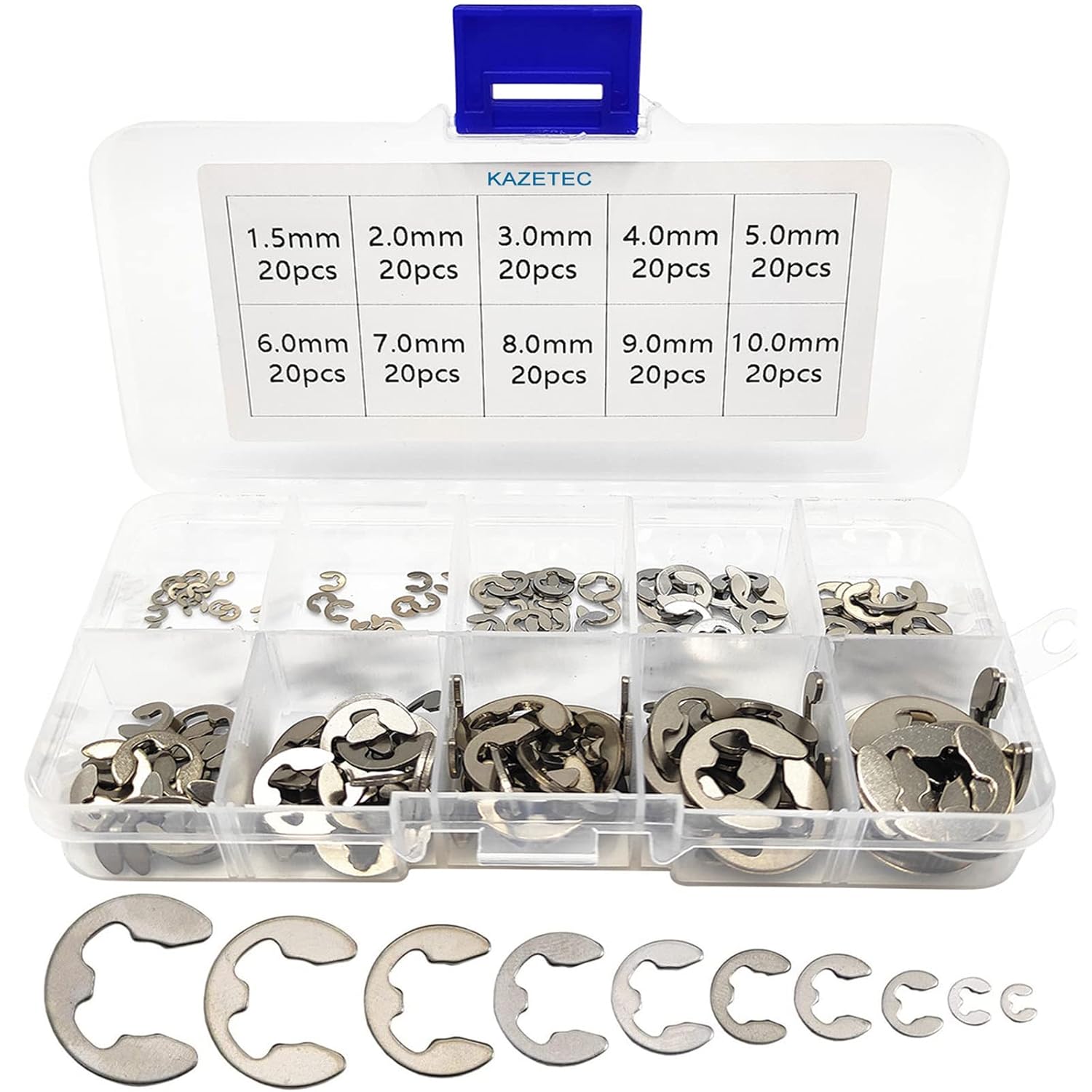 KAZETEC 200 Pcs 304 Stainless Steel Opening Snap Ring, E-Clip External ...