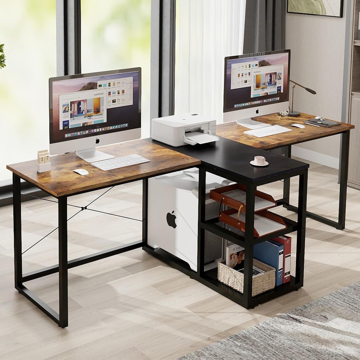 Amazon.com: Natwind Two Person Desk with Storage Shelves, 92.5" Double ...