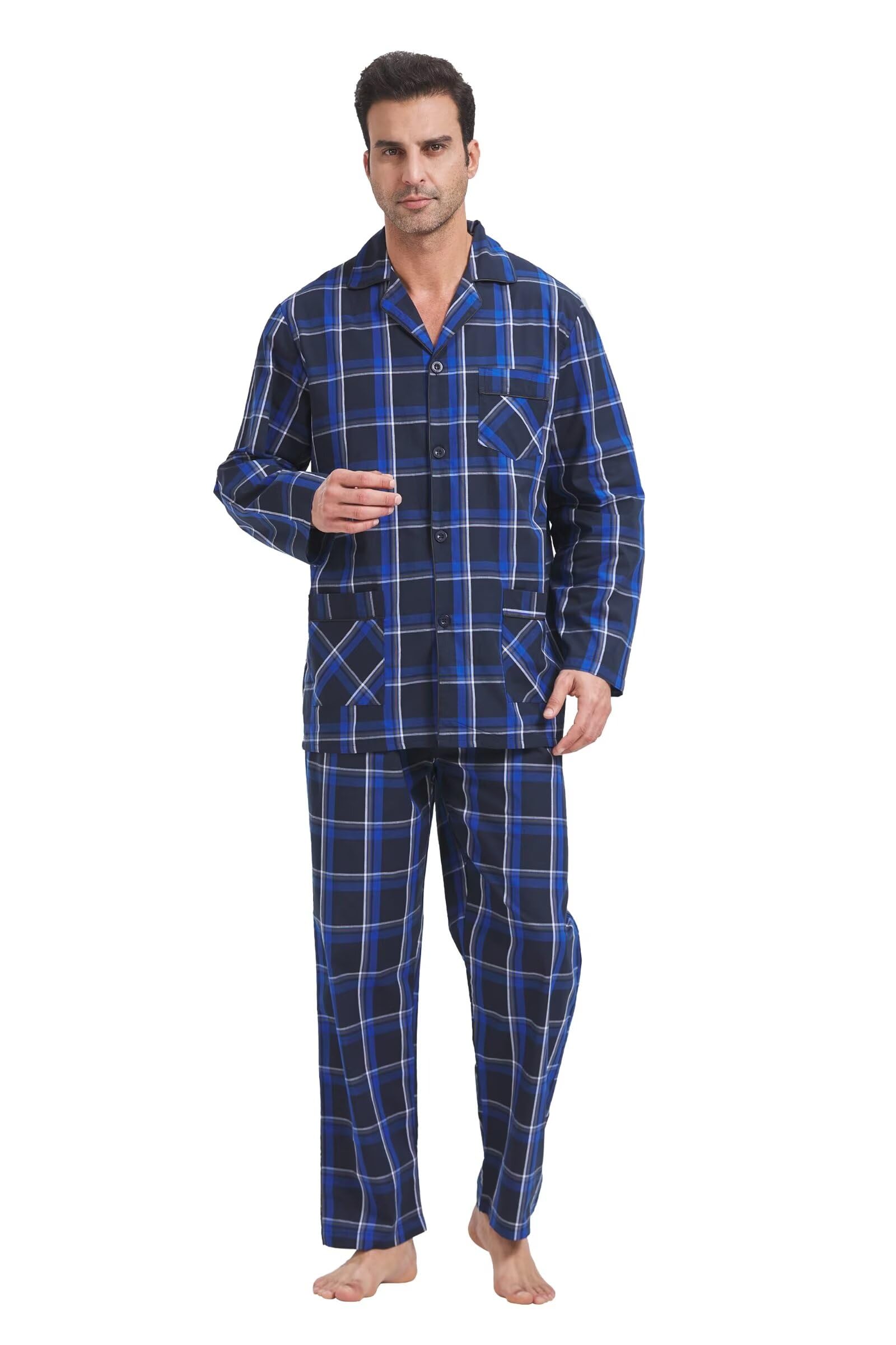 GLOBAL Men 100% Cotton Pajamas Set Button Down Pjs Long Sleeve Pajamas ...