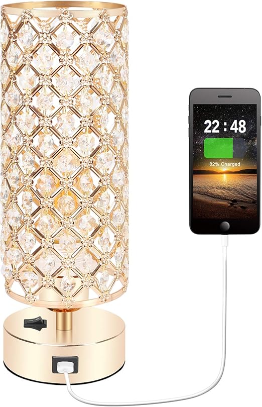 Ambimall USB Gold Table Lamp with Charging Port, Accent Nightstand Lamp ...