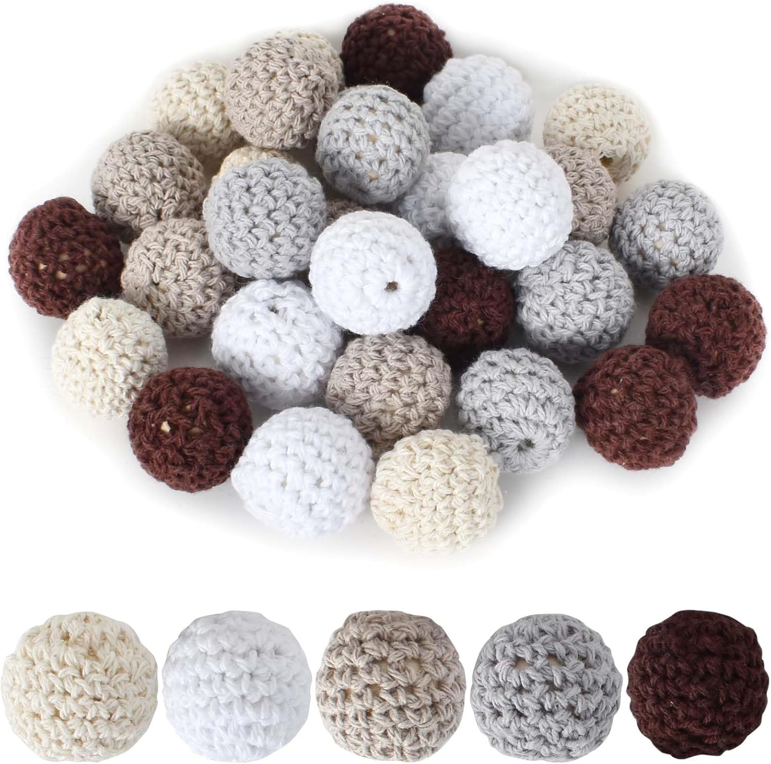 Dokpav 30 PCS 20mm Wooden Crochet Beads, Cotton Crochet Yarn Ball Bead ...