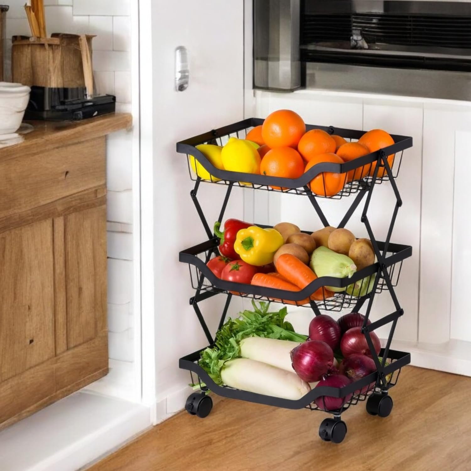 Go Hooked Foldable 3-Tier Metal Fruits and Vegetables Storage Basket ...