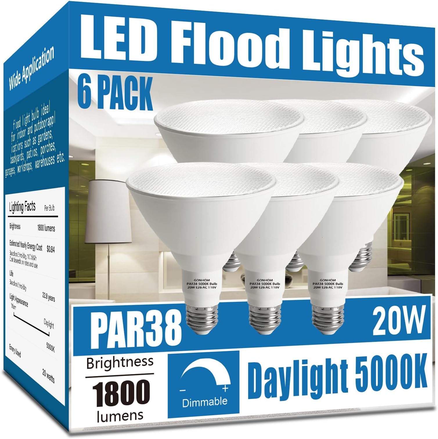 Gonhom Par38 LED Flood Light Bulbs Outdoor 6 Pack, Dimmable 5000K ...