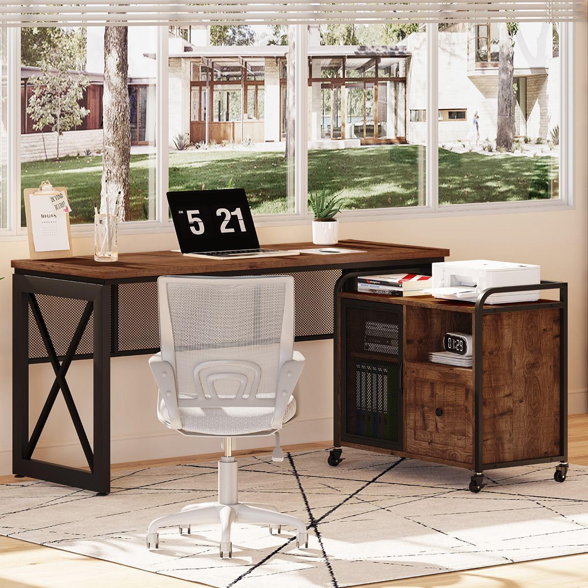 Amazon.com: BON AUGURE Computer Desk with Mobile File Cabinet, Office ...