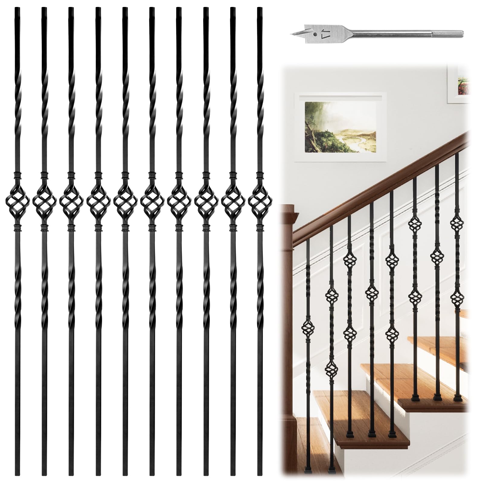 Muzata 10Pack Wrought Iron Balusters 44'' Single Basket Stair Metal ...