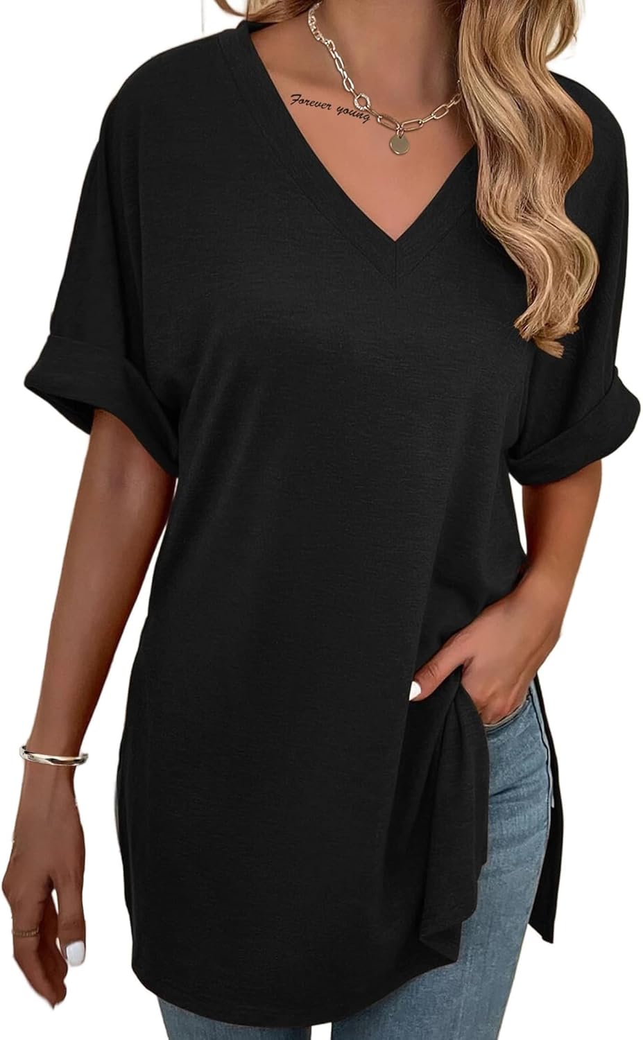 Remidoo Women's Side Slit Tunic Tops Rolled Short Sleeve V Neck Tee ...