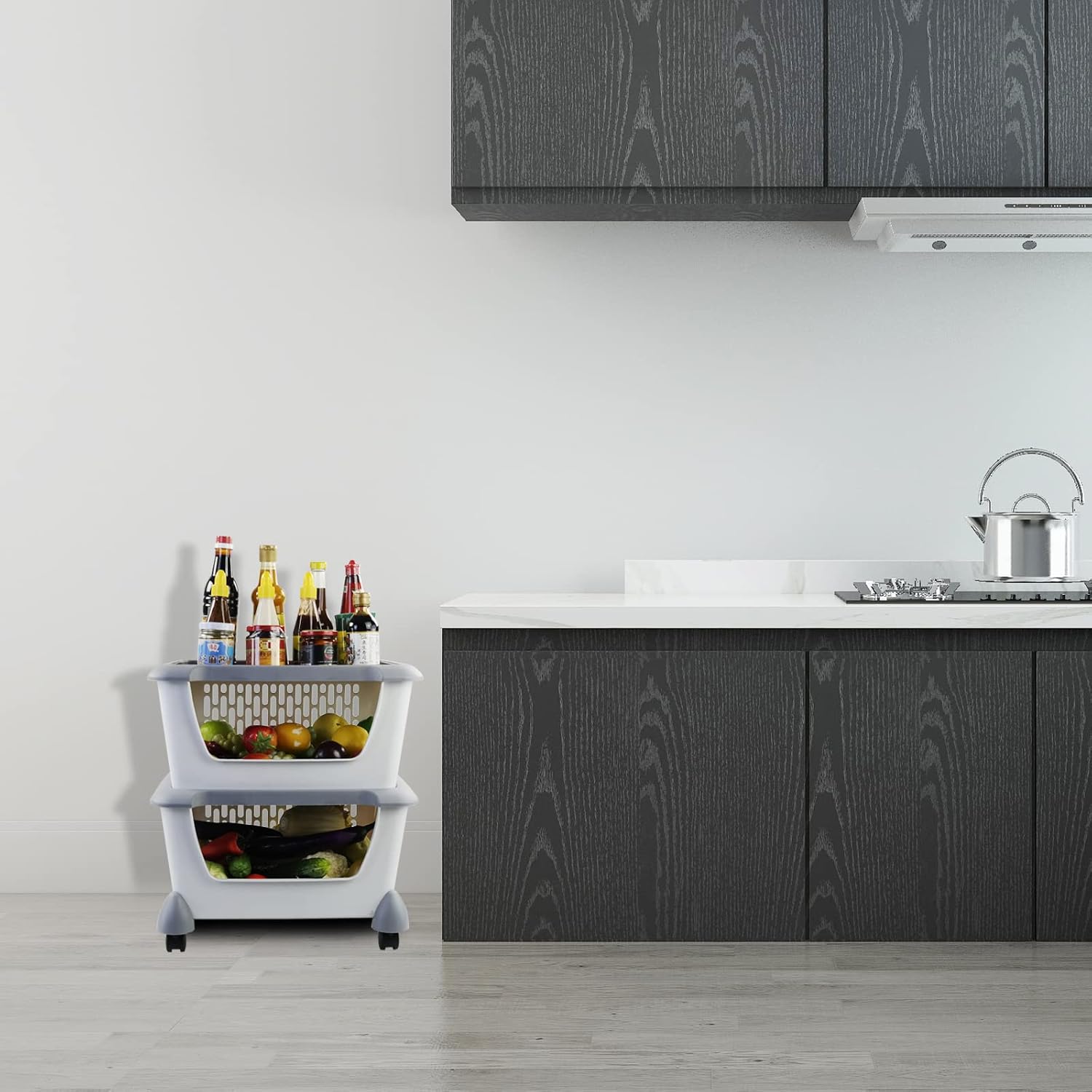 Buy Saedy 3 Tier Stacking Storage Basket with Wheels, Grey Kitchen ...