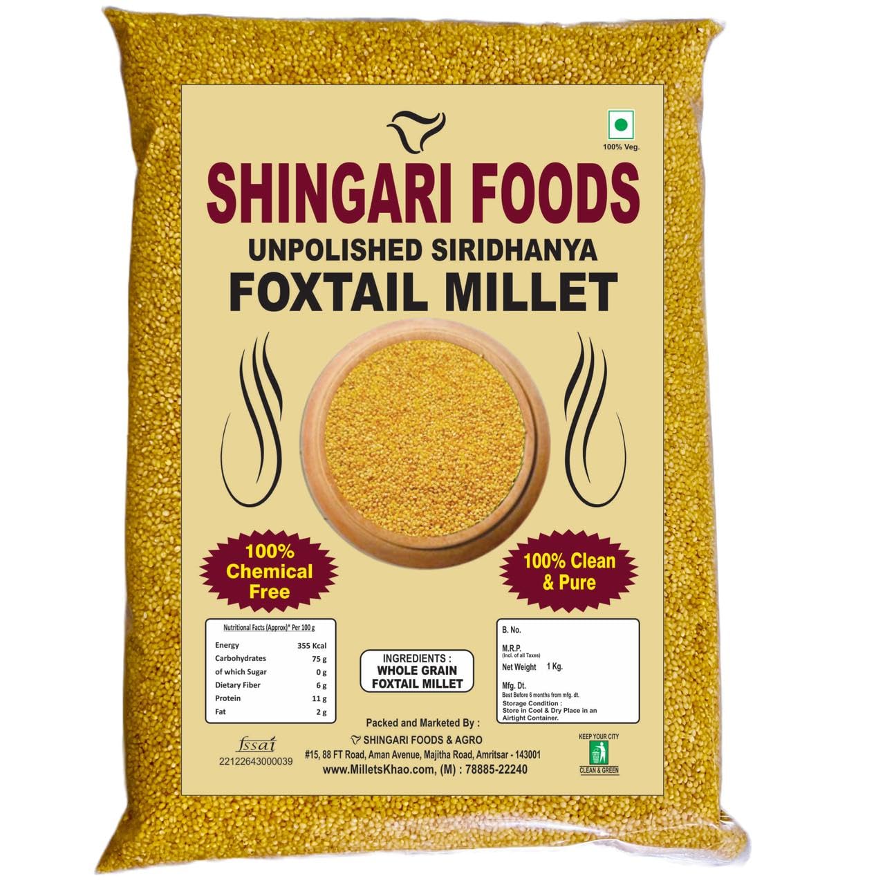 Shingari Foods Unpolished Organic Foxtail Millet 1kg, 100% Clean ...