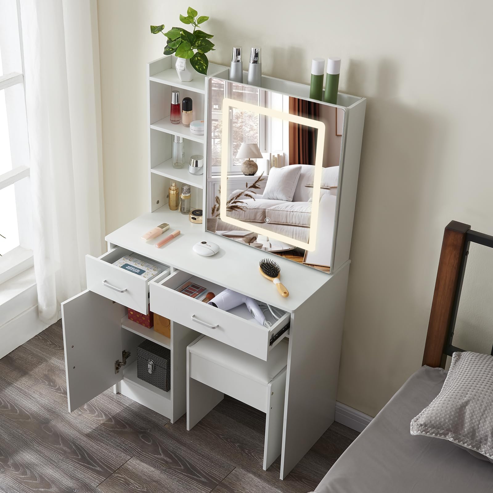 JBLCC Vanity Desk with LED Lighted Mirror,Large Makeup Vanity with ...