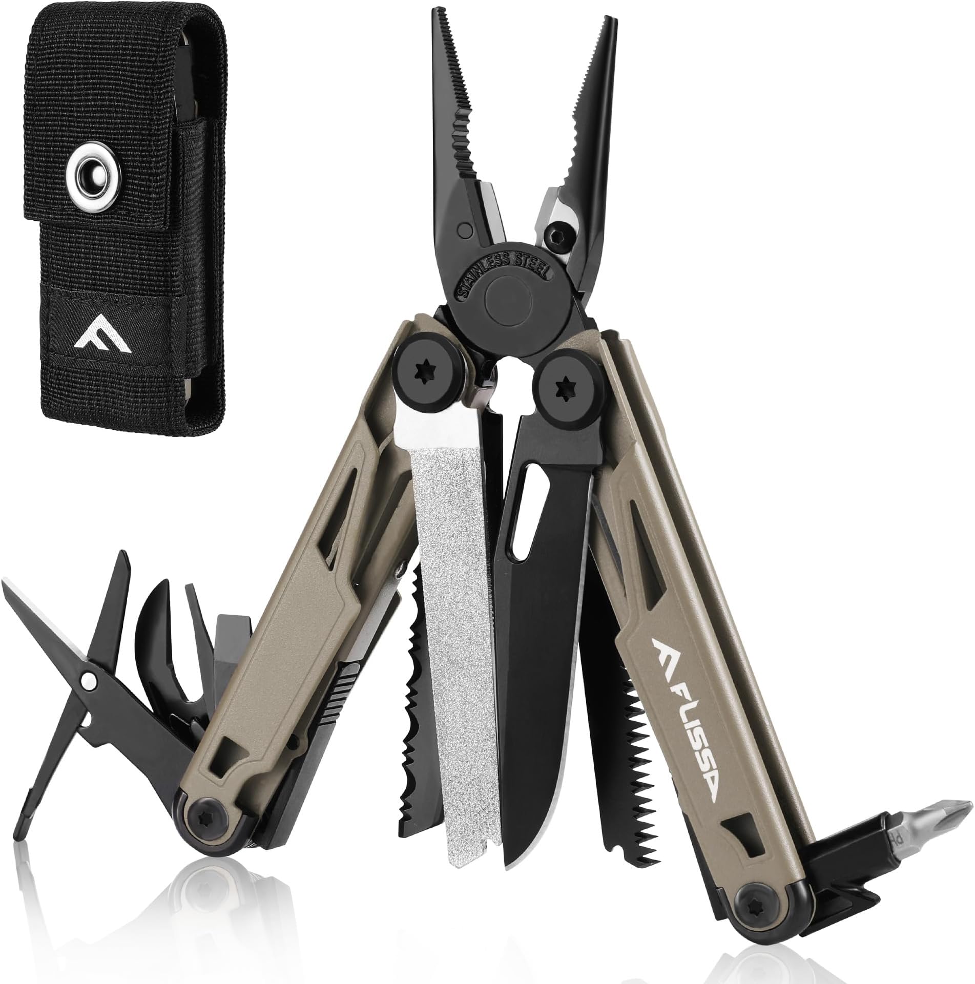 FLISSA Multitool, 15-in-1 Multi Tool Pocket Knife with Sheath ...