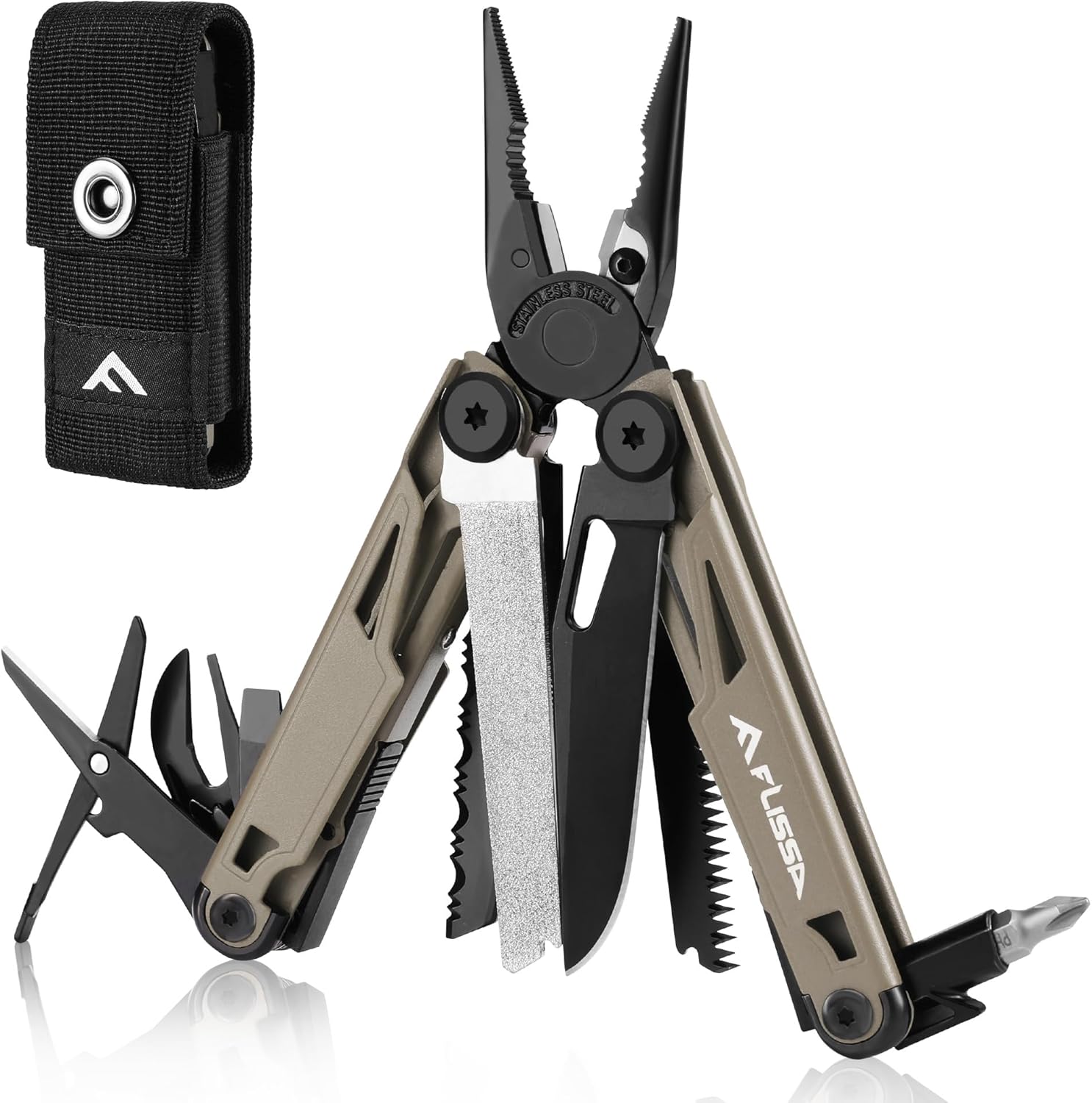 FLISSA Multitool, 15-in-1 Multi Tool Pocket Knife with Sheath ...