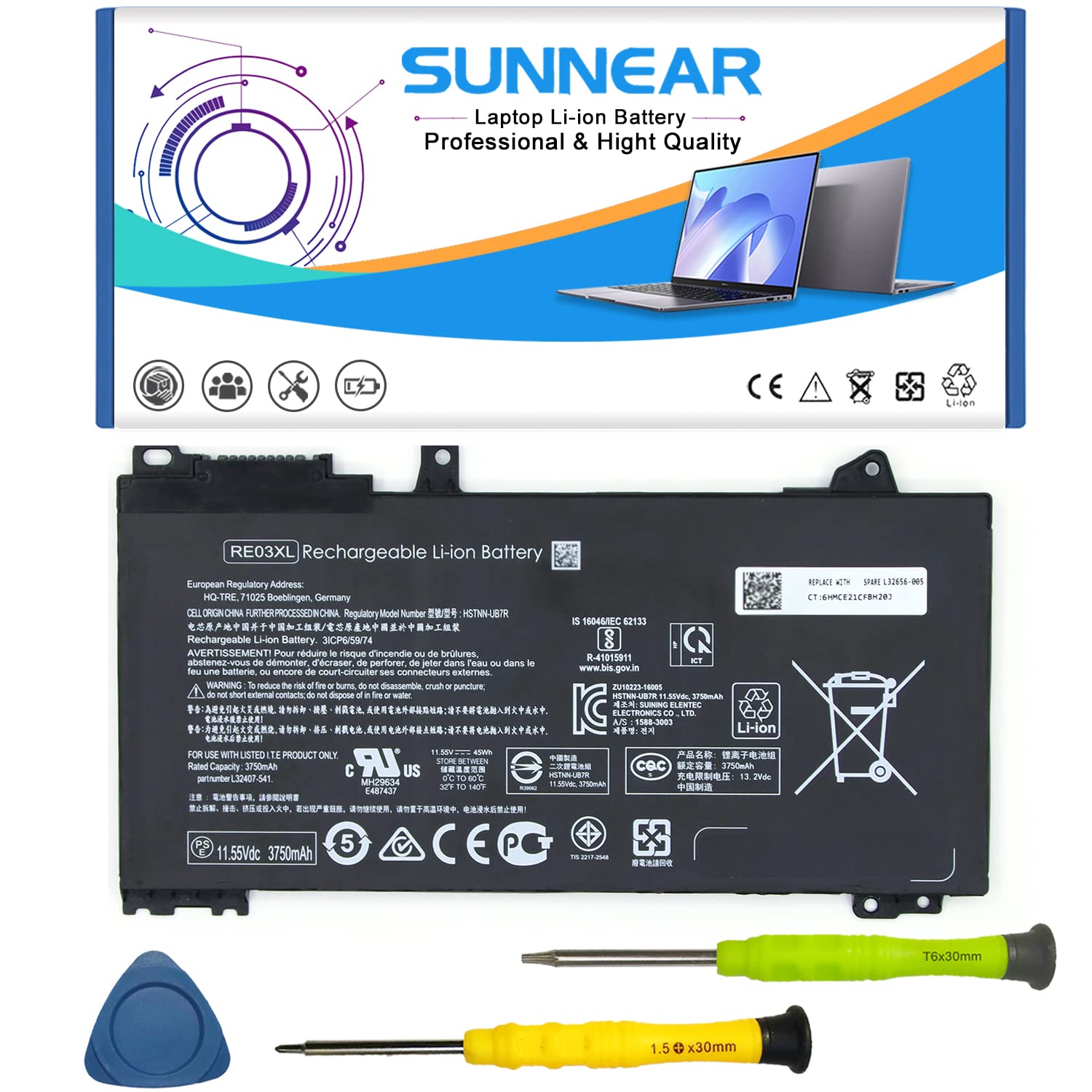 Amazon.com: SUNNEAR RE03XL L32656-005 Battery Replacement for HP ...