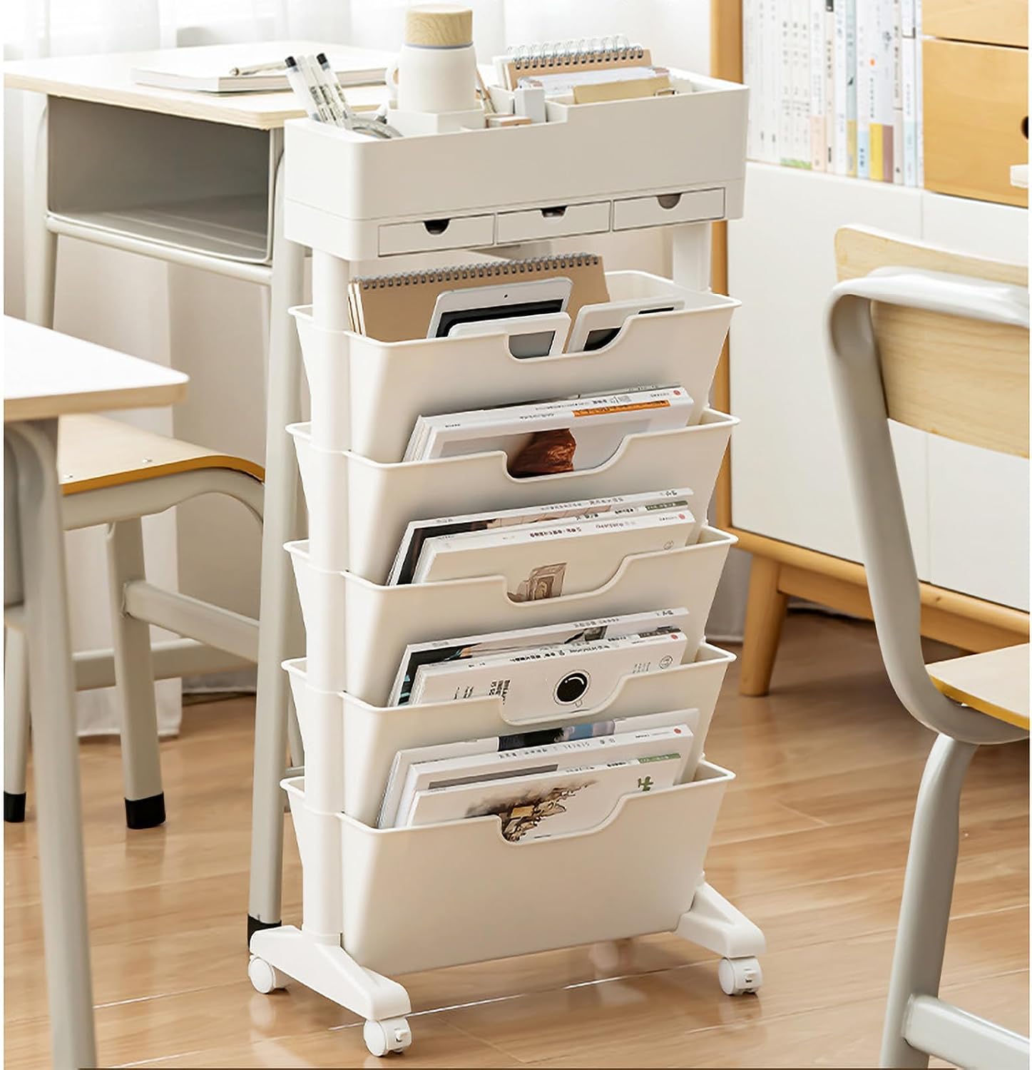 Amazon.com: Rolling Utility Cart with Drawers, 6 Tier Mobile Bookshelf ...