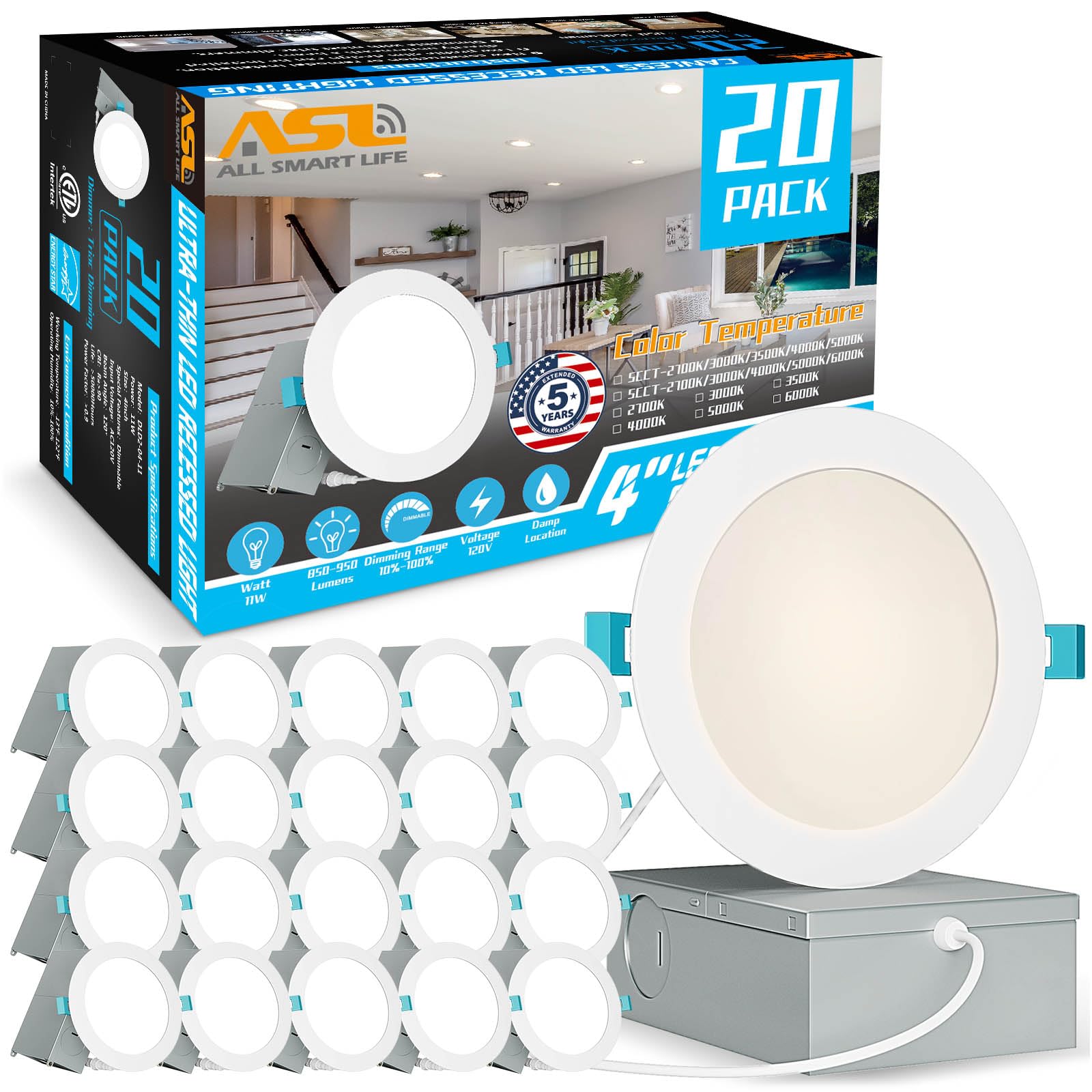 Allsmartlife 20-Pack 4 Inch LED Recessed Light, 4000K 11W=75W 950LM ...