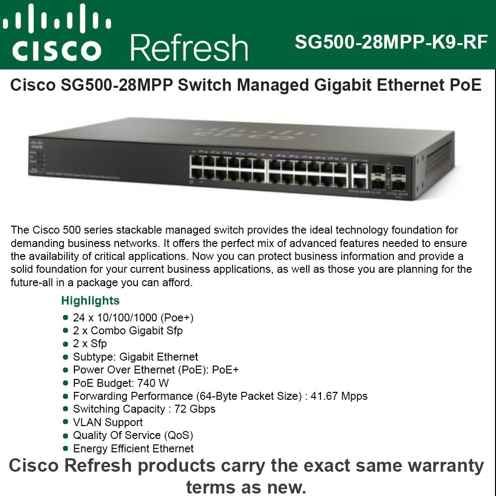 Amazon.com: Cisco SG500-28MPP Refresh 28-Port Gigabit PoE+ 740W ...
