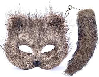 Amazon.com: CHLLLEMING Furry Cat Half Face Mask and Tail Animal Fox ...