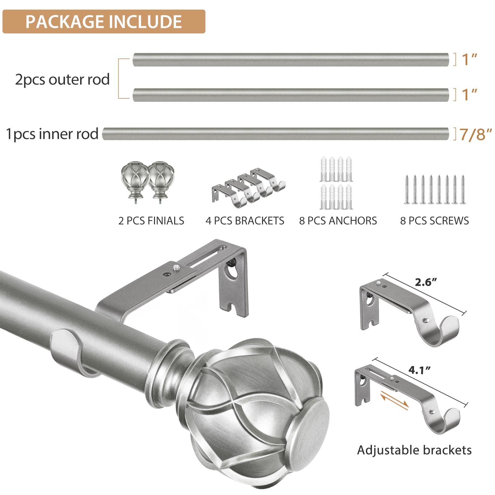 KAMANINA 1 Inch Curtain Rod Telescoping Single Drapery Rod 72 to 144 ...