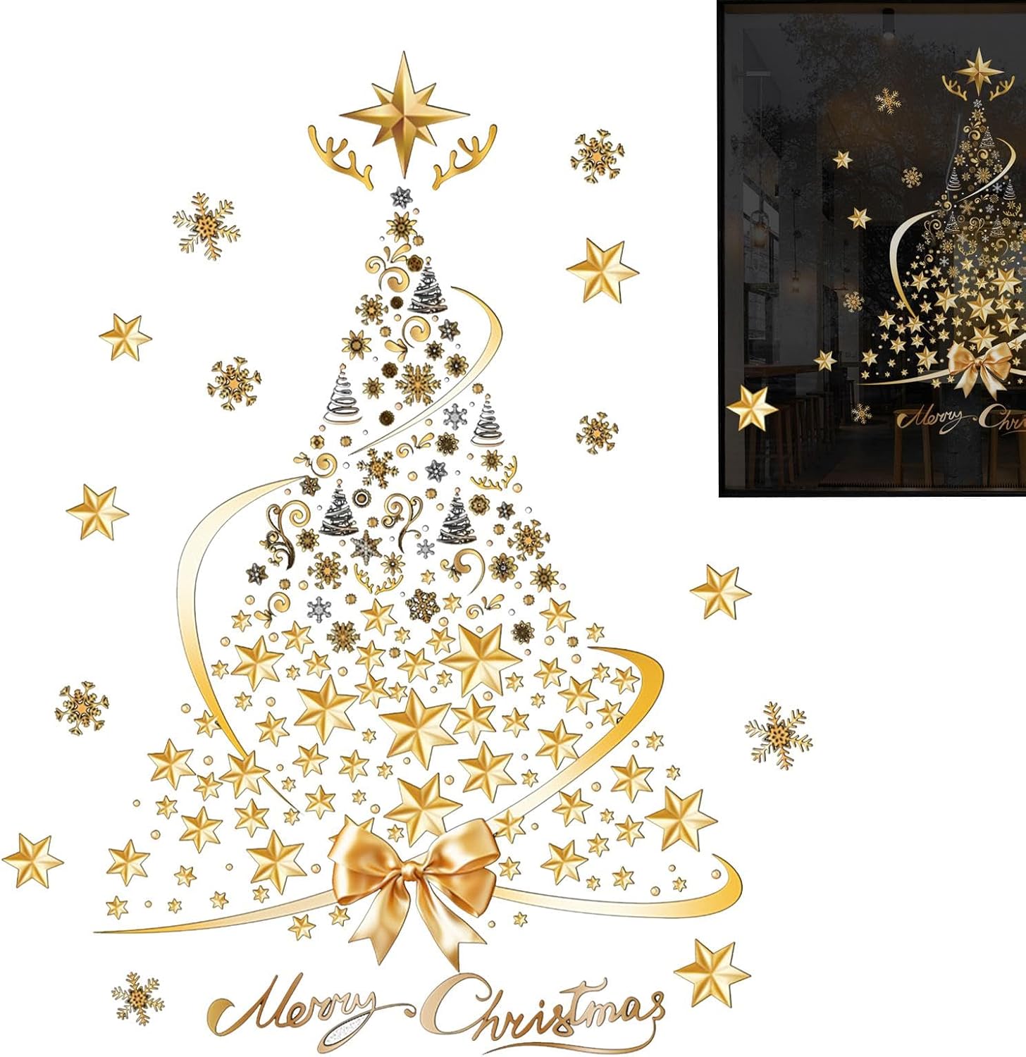 Amazon.com: Christmas Window Clings Stickers, 2*Golden Christmas Tree ...