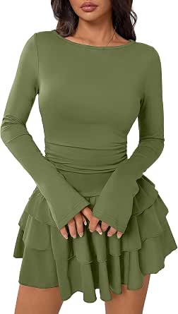 Amazon.com: Caracilia Women's Long Sleeve Boat Neck Corset Mini Dress ...