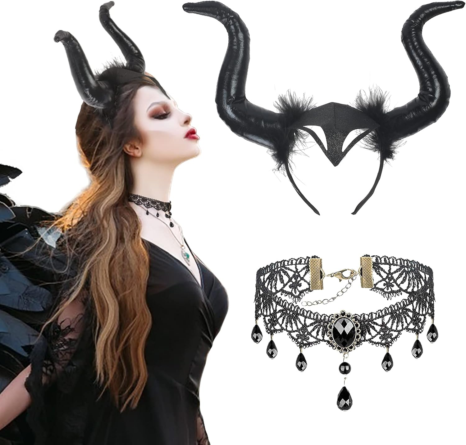LAMEK Women Gothic Horns Black Evil Witch Headband Cosplay Queen Horn ...