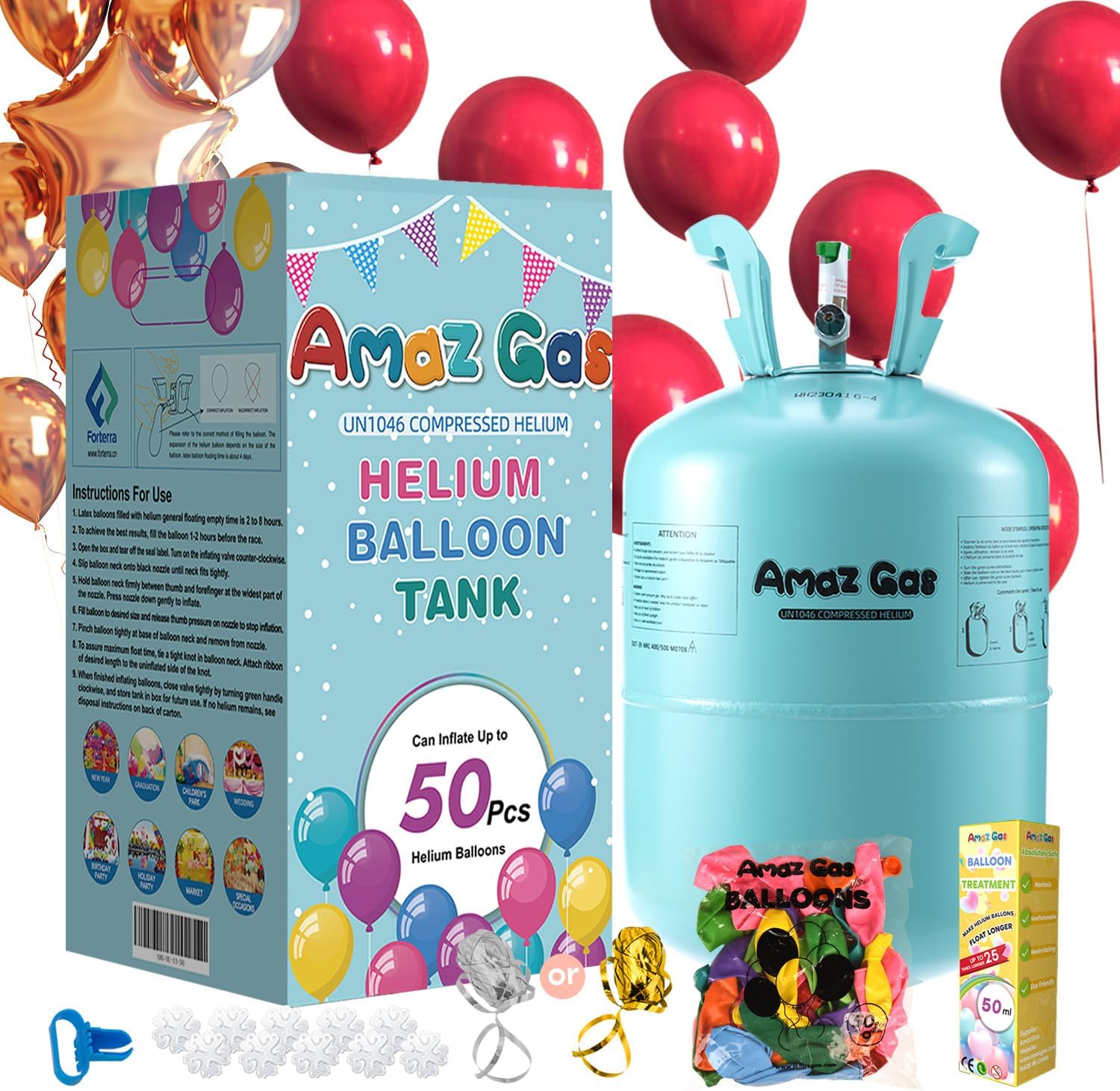 AmazGas 13.4L helium gas tank for balloons kit, 1 box of Bule ...