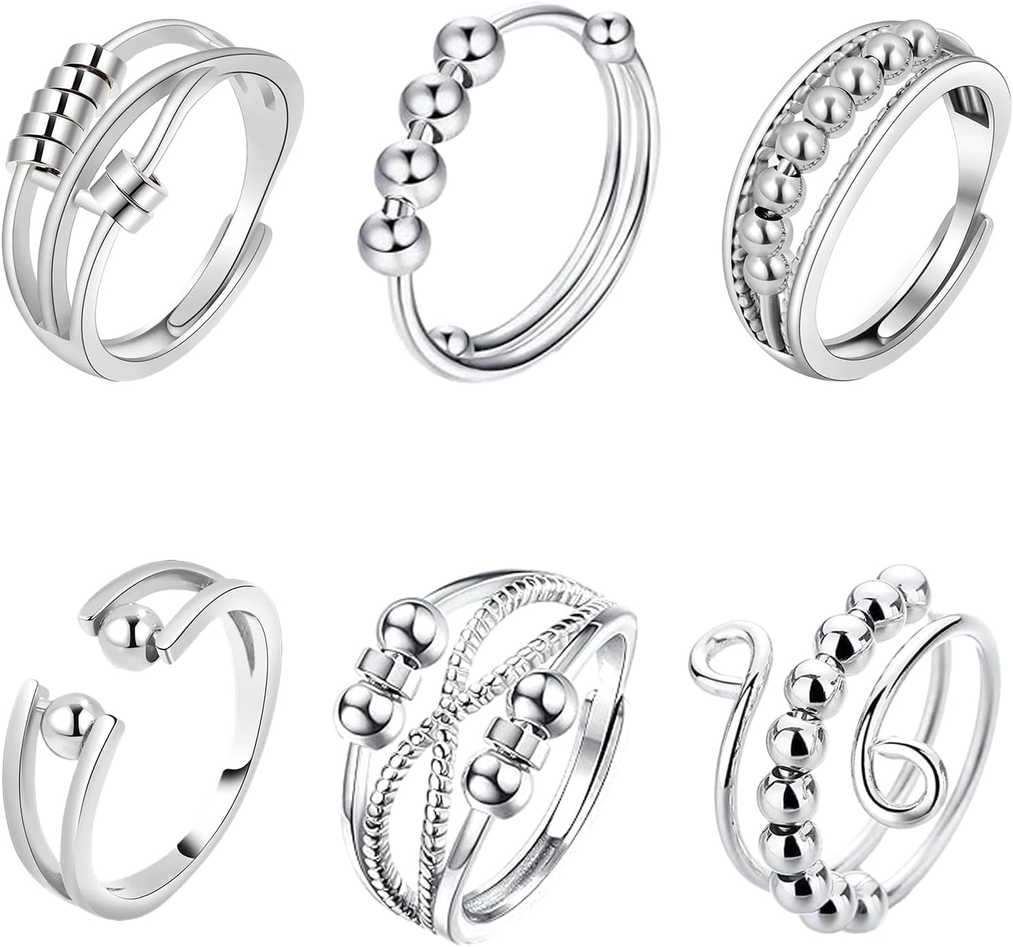6PCS Anxiety Rings for Women Silver Ring Stress Reliever Spinner Ring ...