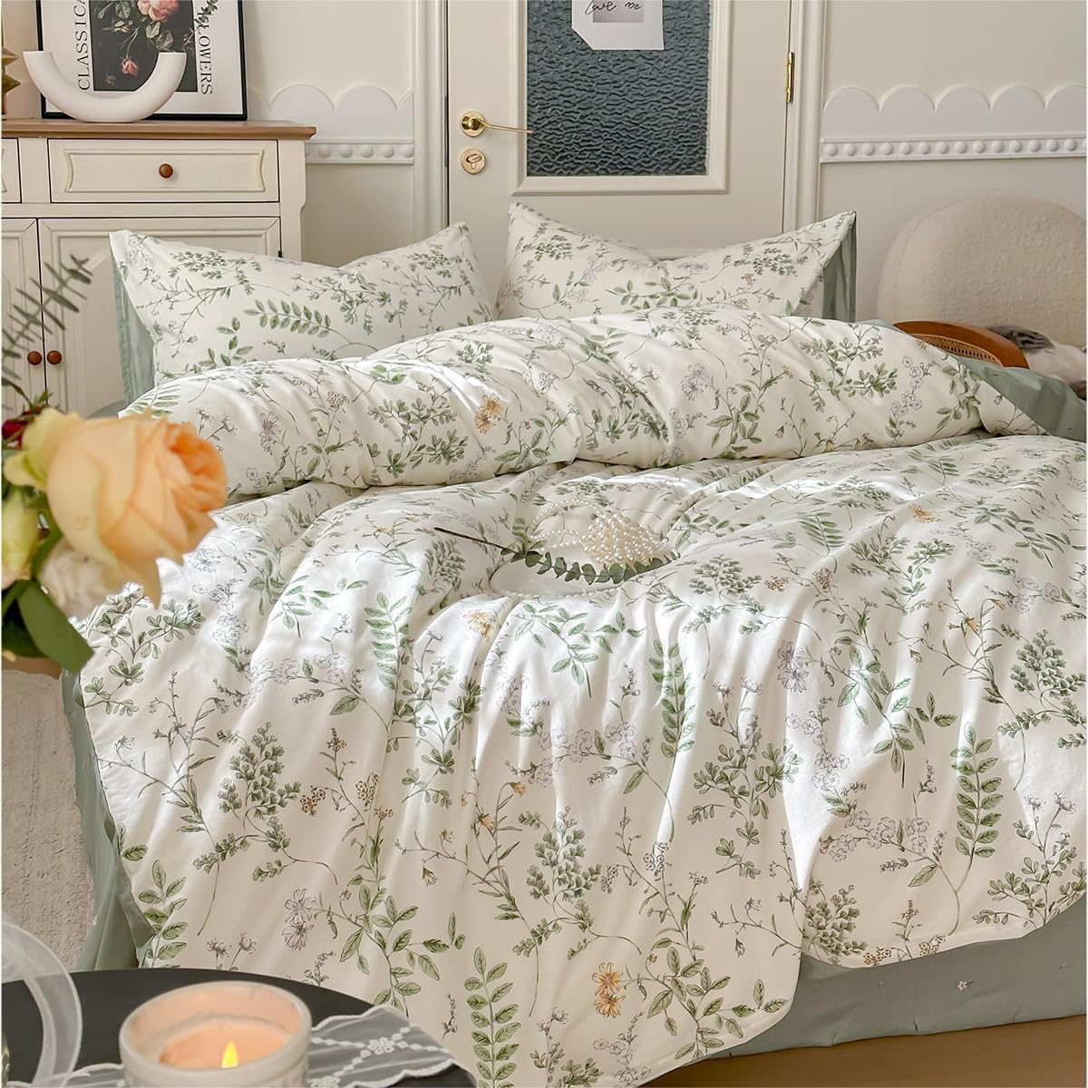 Amazon.com: Jolusere Botanical Duvet Cover Queen Sage Green Reversible ...
