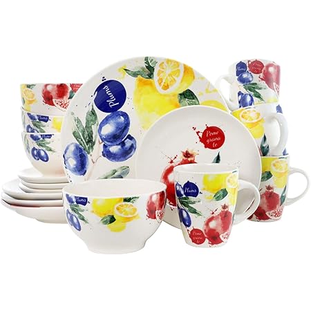 Amazon.com | Elama Round Stoneware Fruity Dinnerware Dish Set, 16 Piece ...