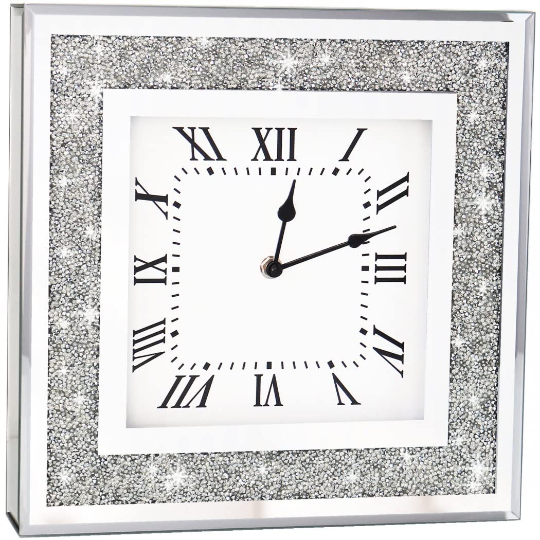 Crystal Crush Diamond Mirrored Square Wall Clock with Sparkle Twinkle ...