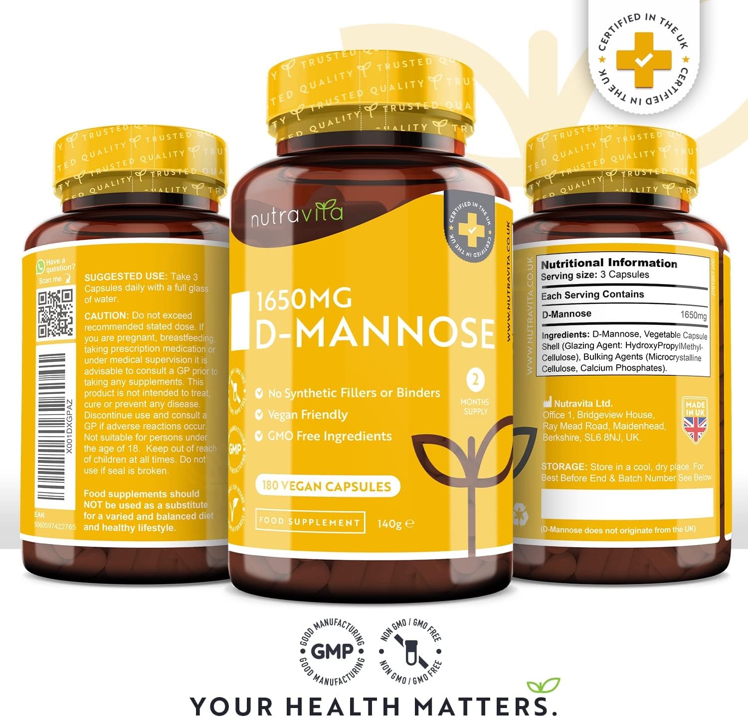 D-Mannose 1650mg High Strength Capsules – 180 Vegan Friendly Capsules ...