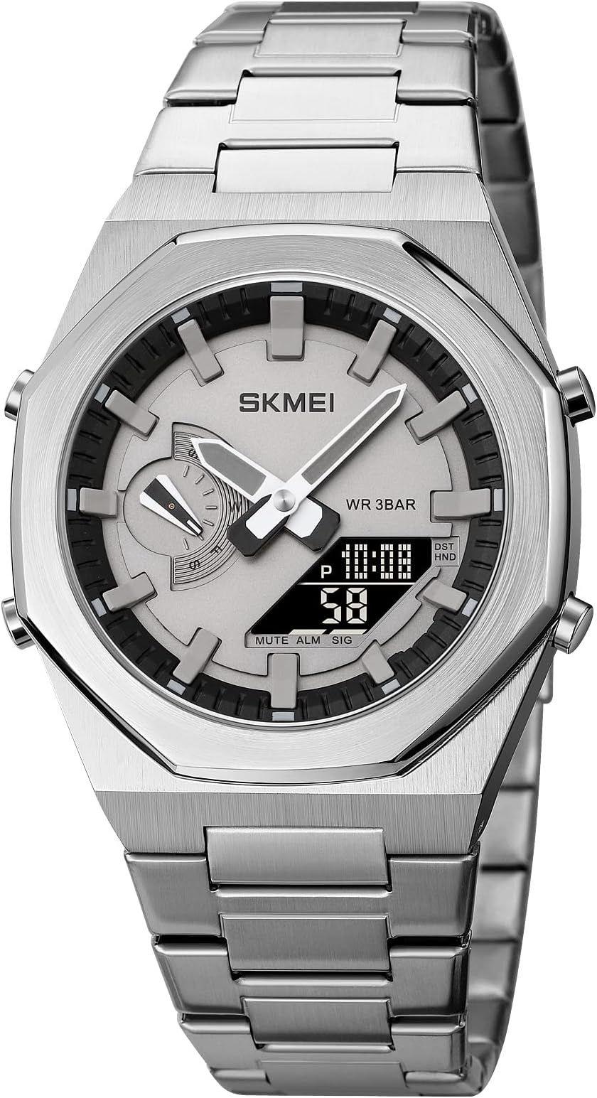 SKMEI Dual-Display Electronic Analog-Digital Watch, Silver & Black Dail ...