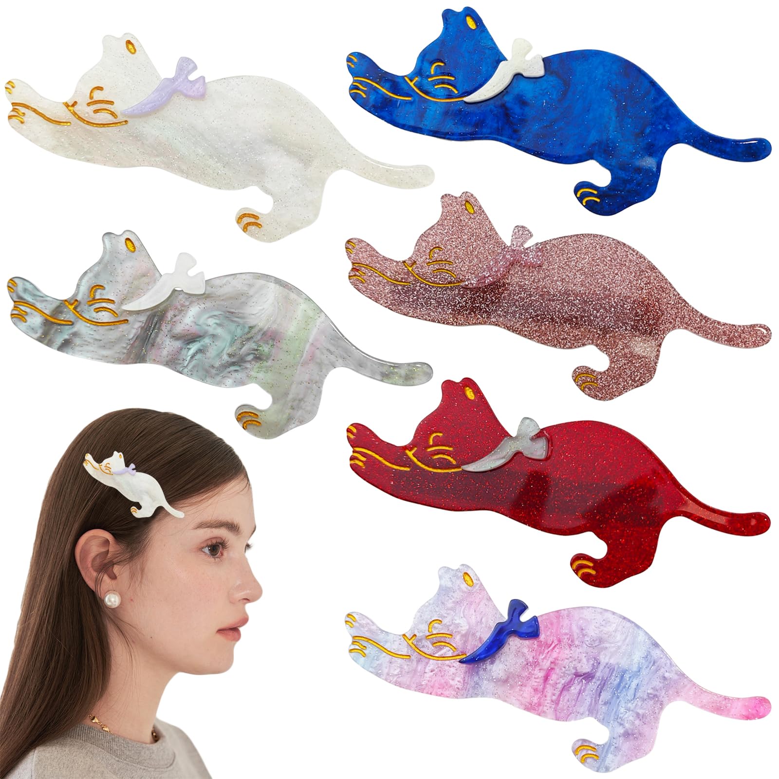 Amazon.com : 6 PACK Acrylic Duckbill Clip Cute Cat Hair Clips, Resin ...