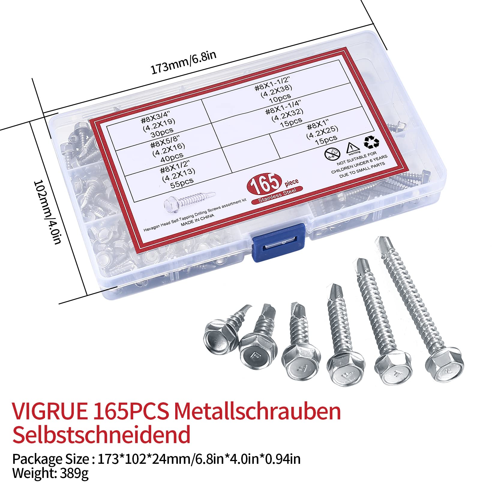 165 Pcs Self Drilling Hex Head Screws, M4.2 Sheet Metal Tek Screws, Hex ...