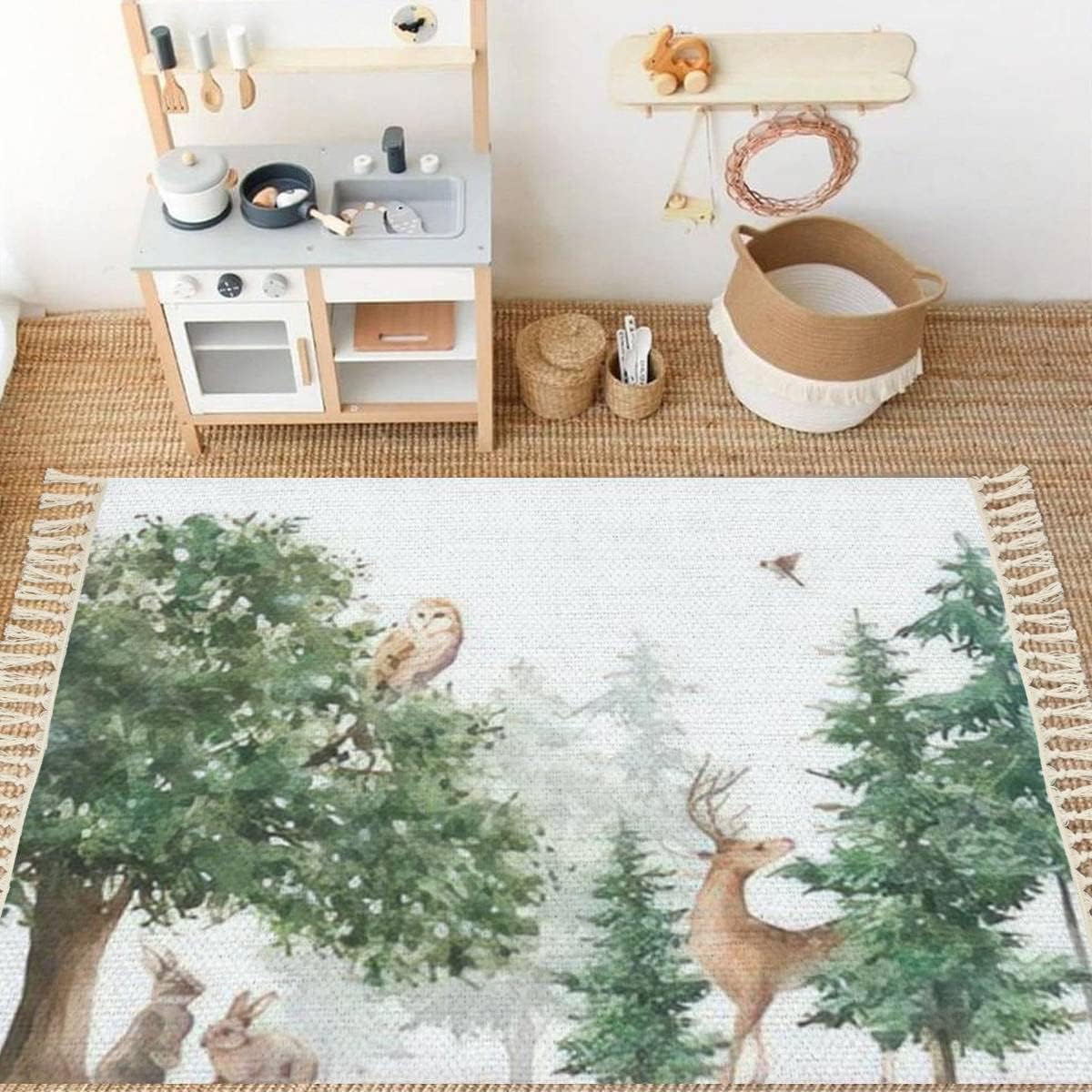 Amazon.com: Area Rug Woodland owl deer rabbits Watercolor animal forest ...