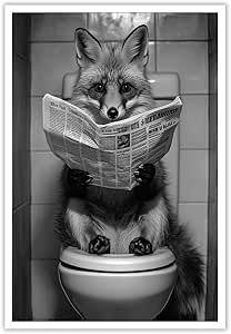 Amazon.com: Funny Fox Bathroom Canvas Wall Art Black And White Fox ...