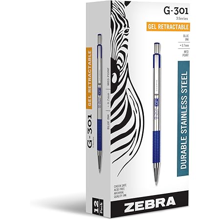 Amazon.com: Zebra Pen G-301 Retractable Gel Ink Pen, Stainless Steel ...