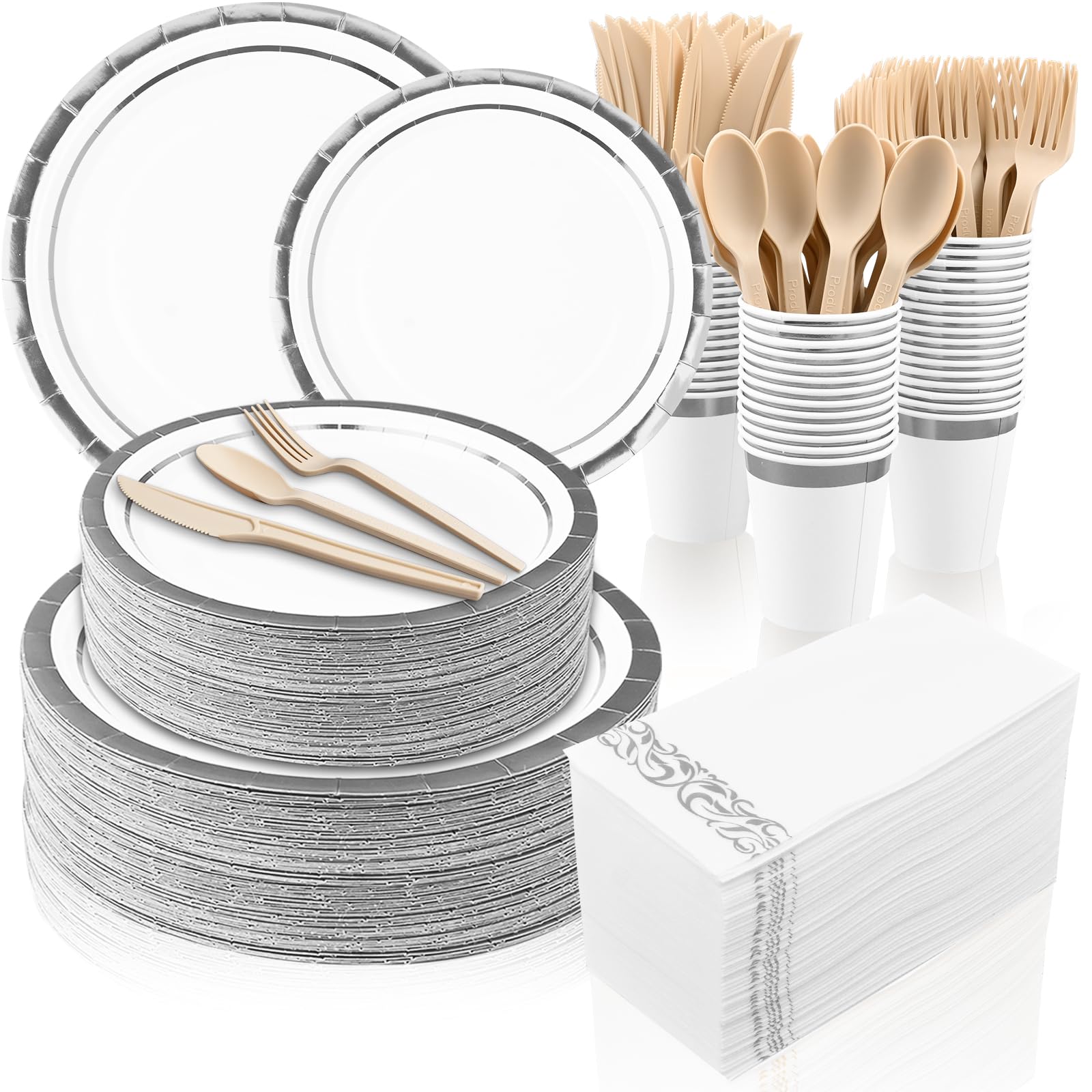 350PCS White and Silver Party Supplies, Disposable Silver Dinnerware ...