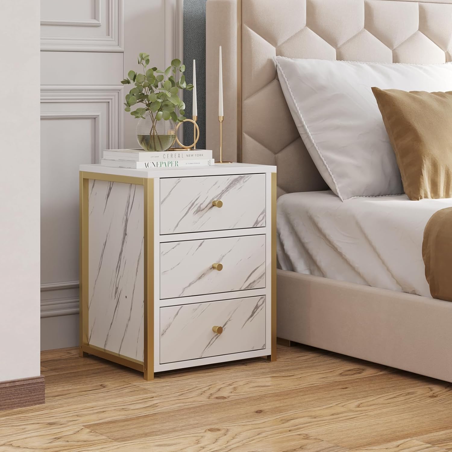 Amazon Brand - Umi Engineered Wood Bedside Table with 3 Storage Drawers ...