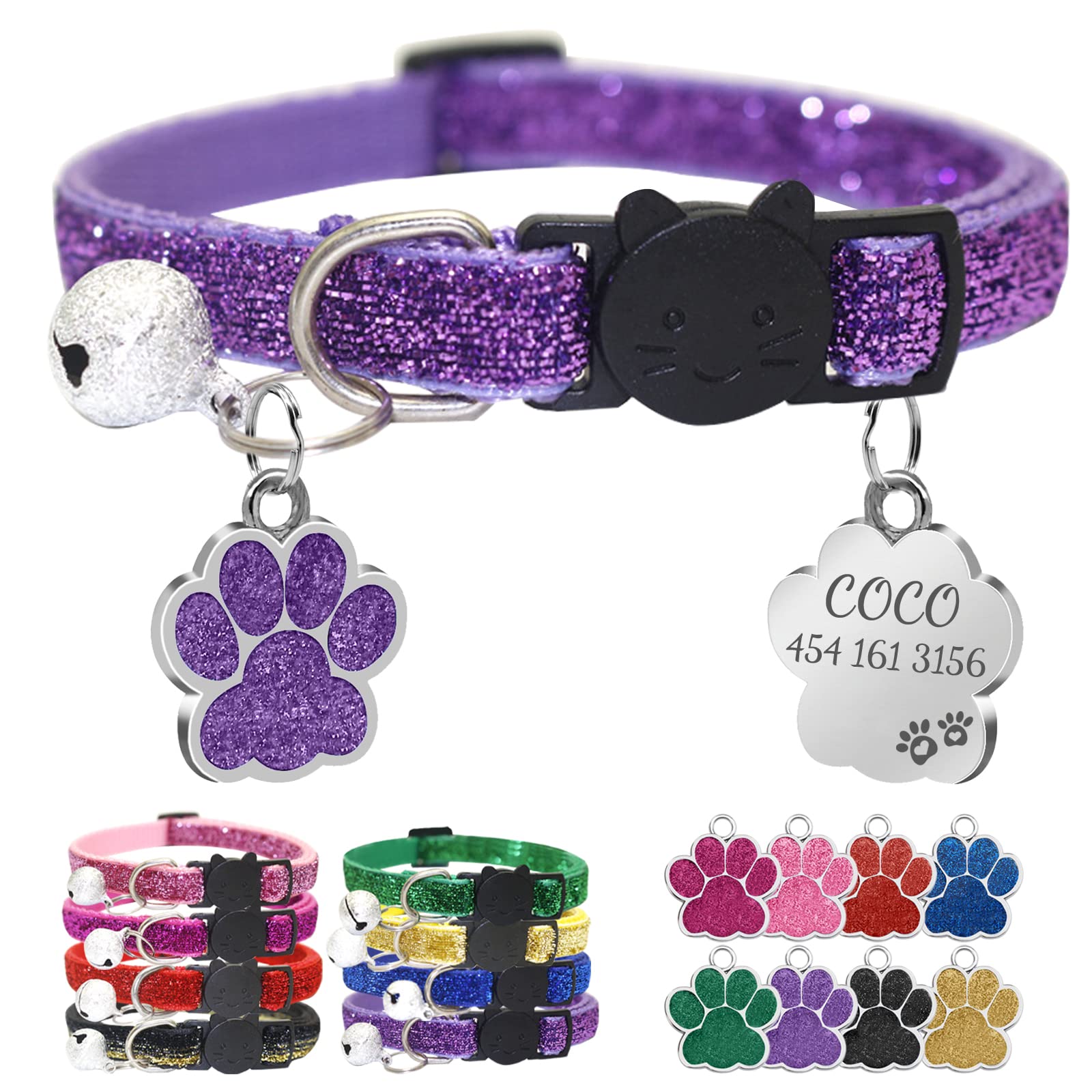 Personalized Cat Collar CAMAL Glitter Paw Cat Collar With Name Tag ...