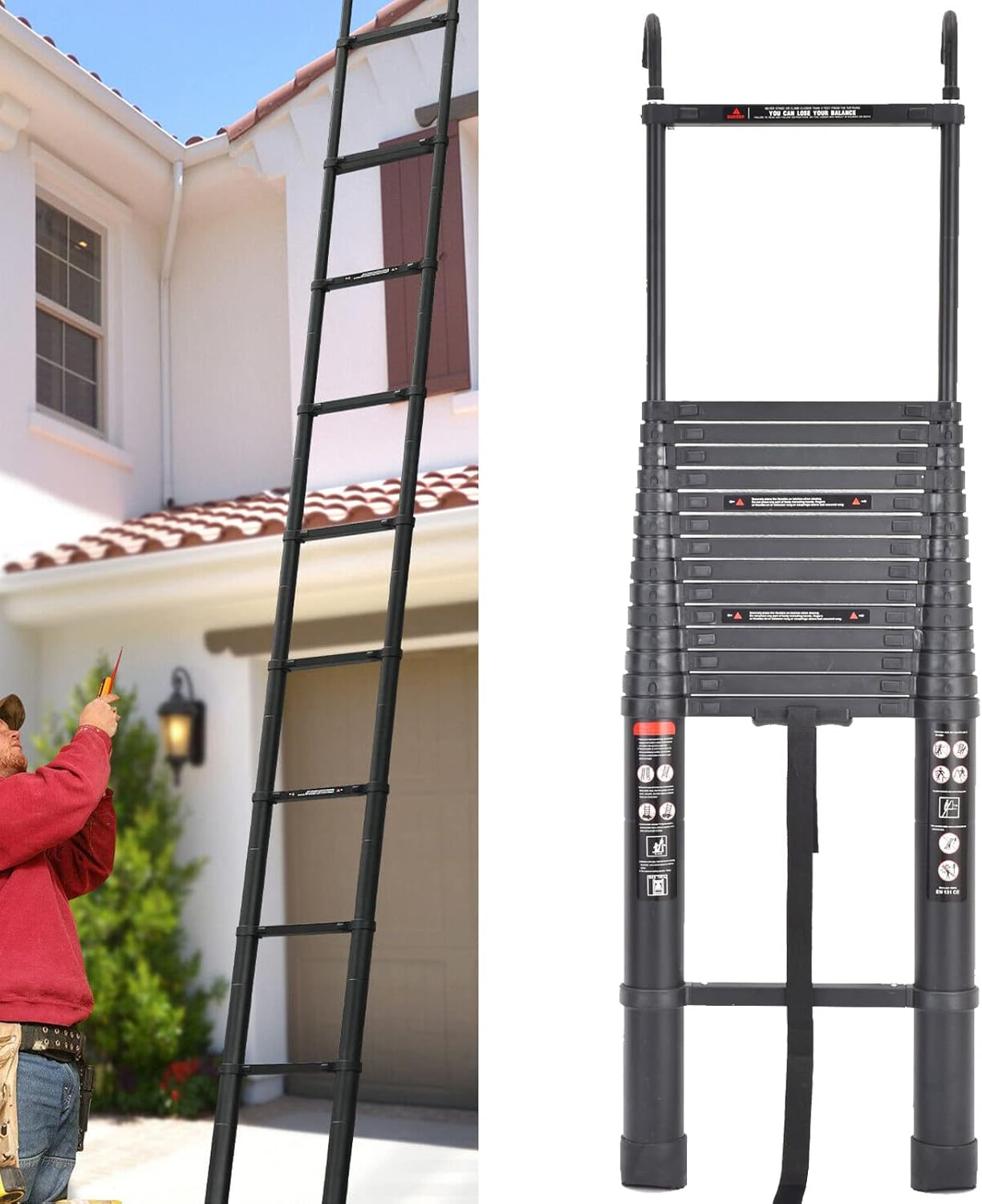 Telescopic Loft Ladder 6.2M with Hooks Extendable Aluminium Step ...