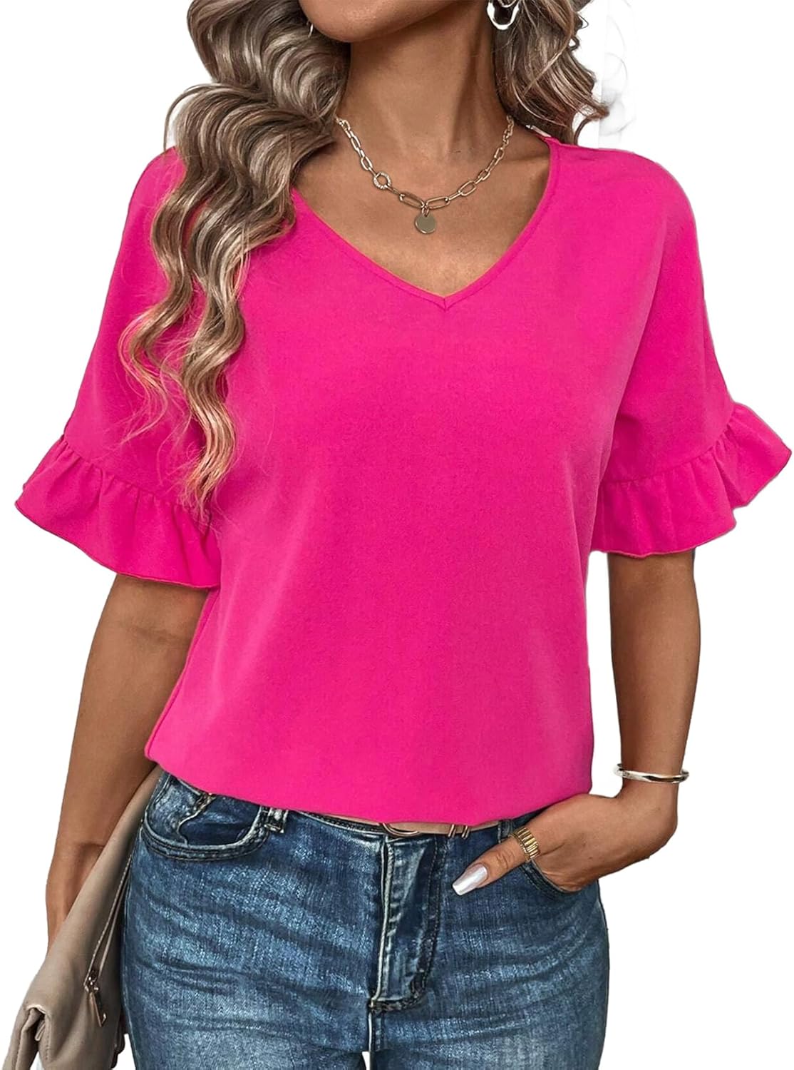 Amazon.com: Avanova Womens Short Sleeve Ruffle Tee Tops V Neck Casual ...