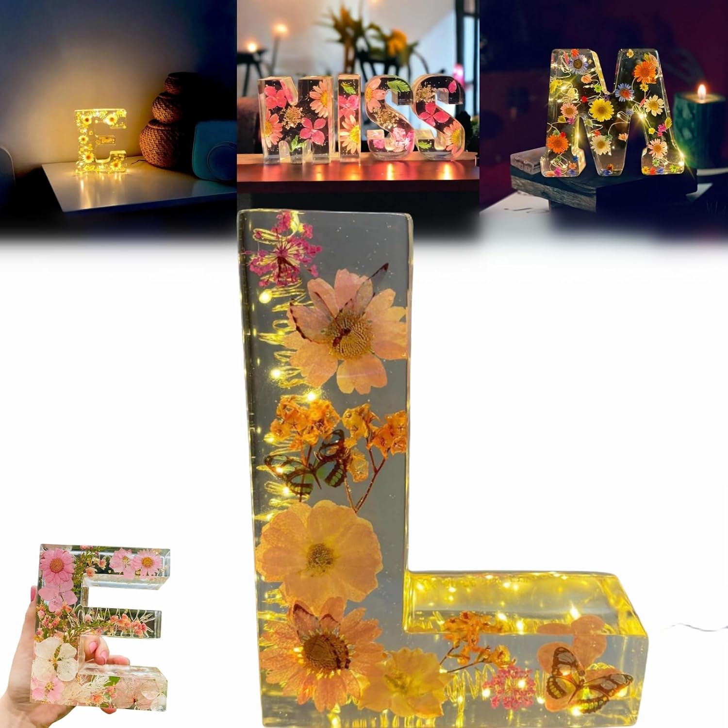 Cohbskj Floral Resin Night Light, Pressed Flower Resin Letters with Led ...