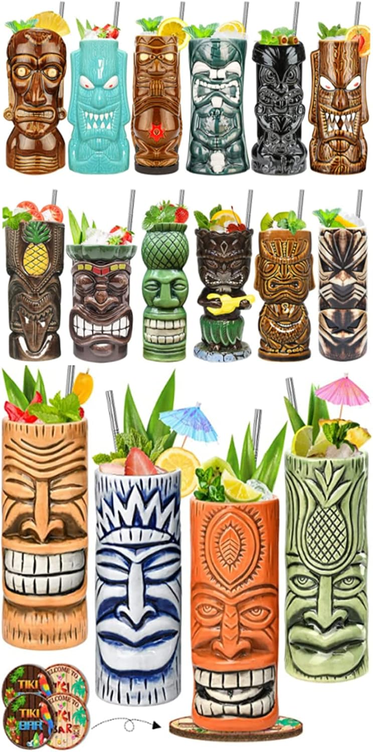Amazon.com: Tiki Mugs Set of 16 with Coaster, Ceramic Tiki Mugs for ...