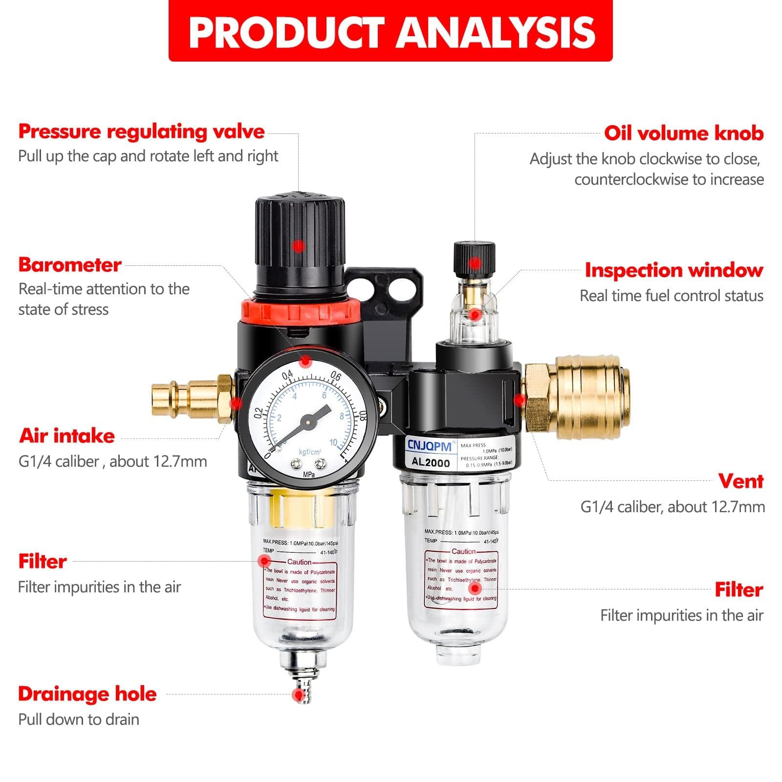 Compressor Pressure Regulator, Air Regulator 1/4 Air Filter Regulator ...