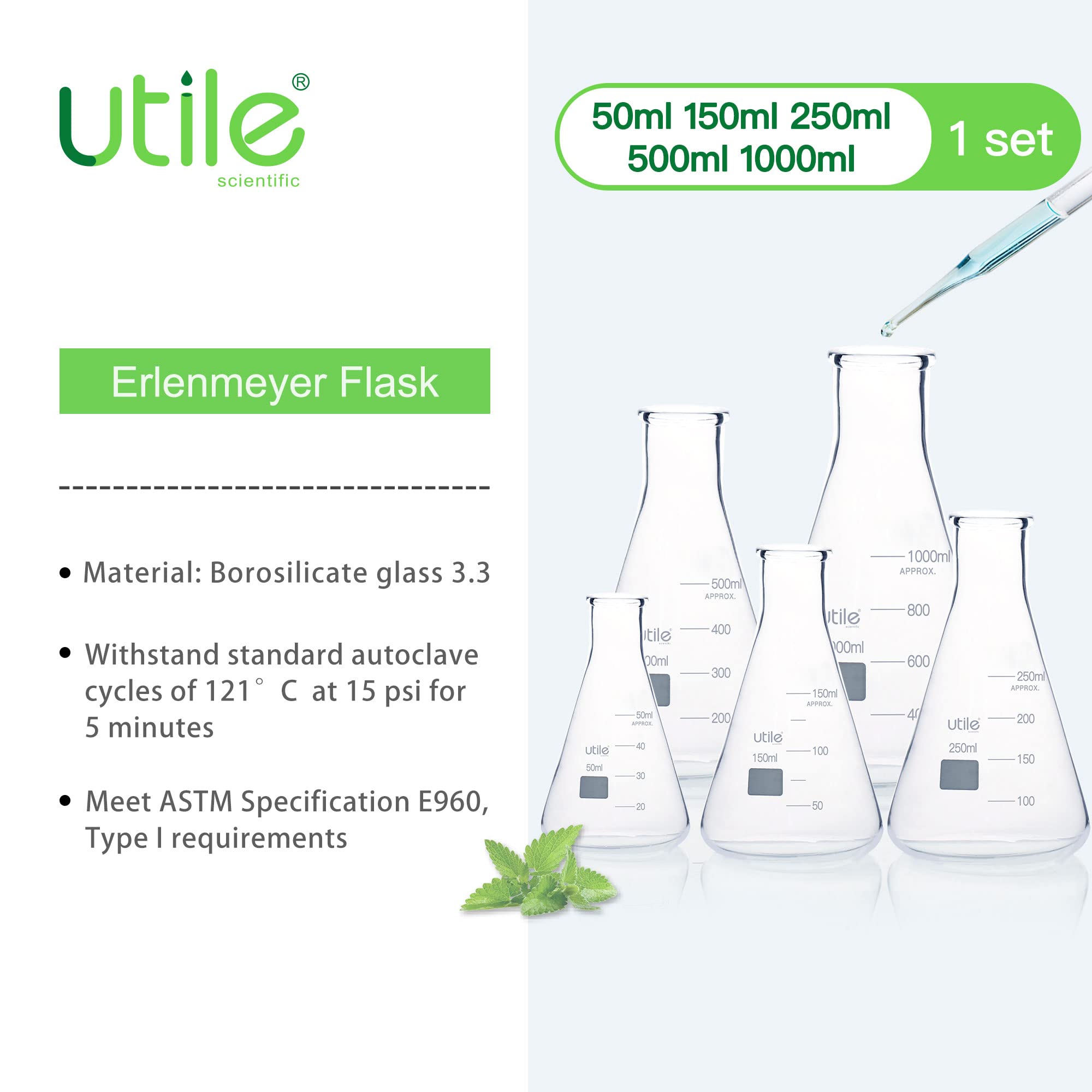 Utile Erlenmeyer Flasks, 5 Size of Narrow Mouth Conical Flask ...