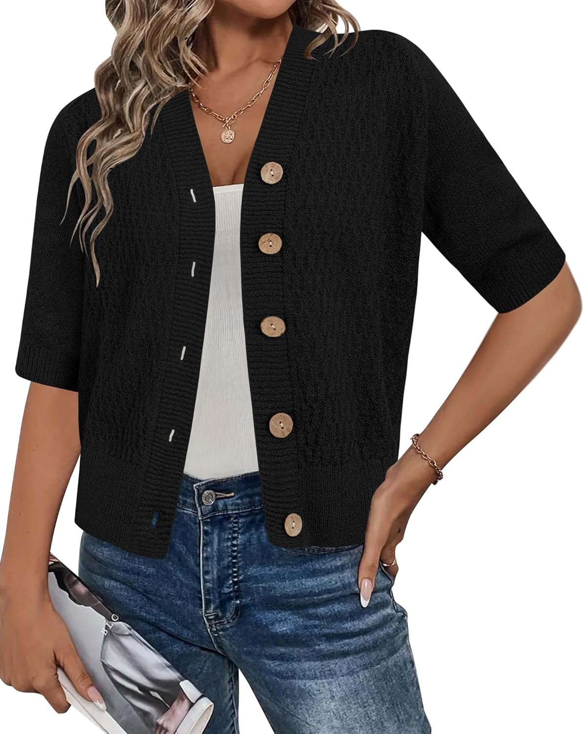Arach&Cloz Womens Lightweight Cardigan Short Sleeve Shrugs Button ...