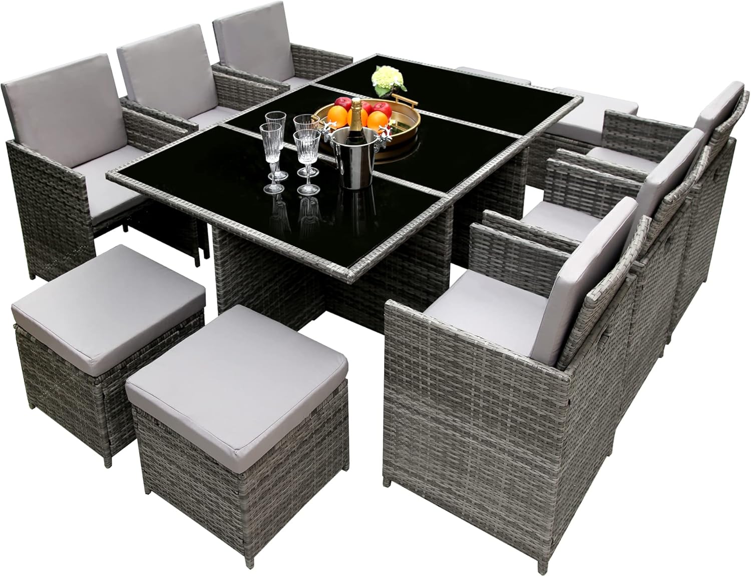 RayGar Hestia 11 Piece 10 Seater Rattan Cube Dining Table Garden ...