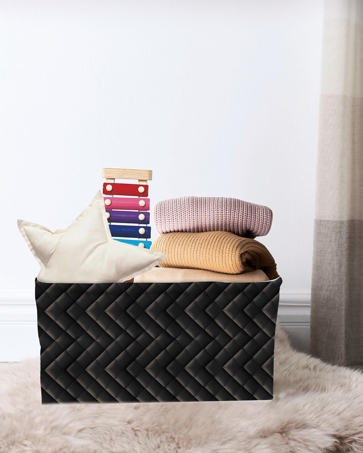 Black Geometric Storage Basket for Organizing Shelves, Collapsible ...